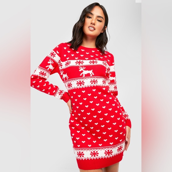 Boohoo | Dresses | Reindeers And Snowflake Christmas Sweater Dress ...